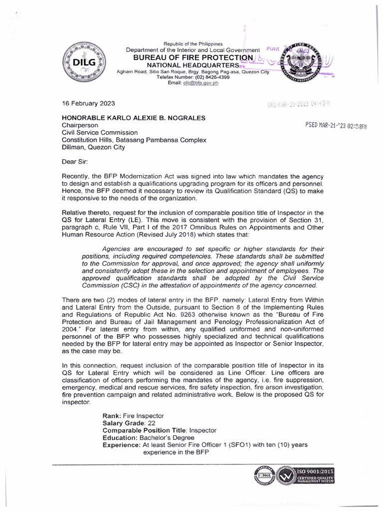 BFP NHQ Comparable Position | PDF