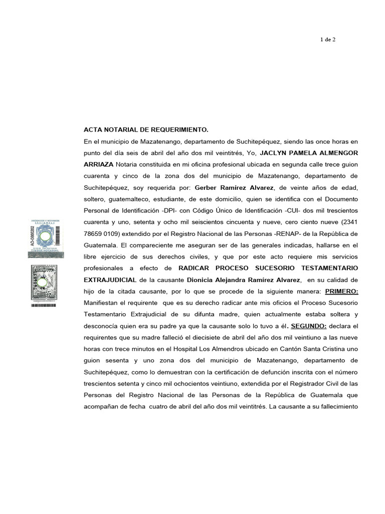 Acta Notarial de Requerimiento Proceso Sucesorio ... Acta Notarial de Requerimiento Proceso Sucesorio ...