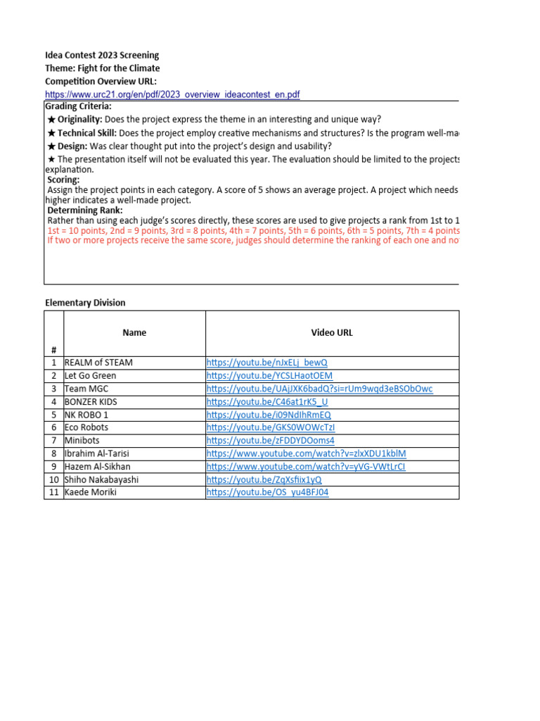 【Elementary Division】Univarsal Robotics Challenge Screening Sheet | PDF