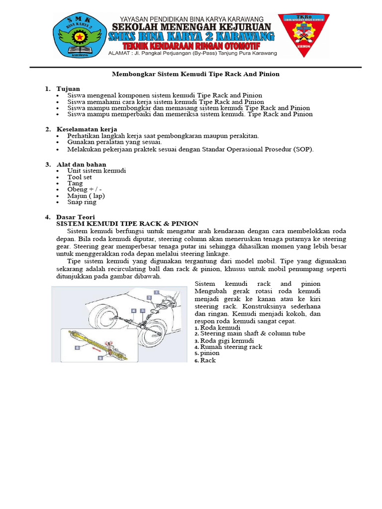 Jobsheet Sistem Kemudi Manual Rack and Pinion | PDF