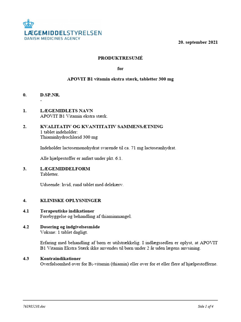 APOVIT B1 Vitamin Ekstra Stærk, Tabletter | PDF