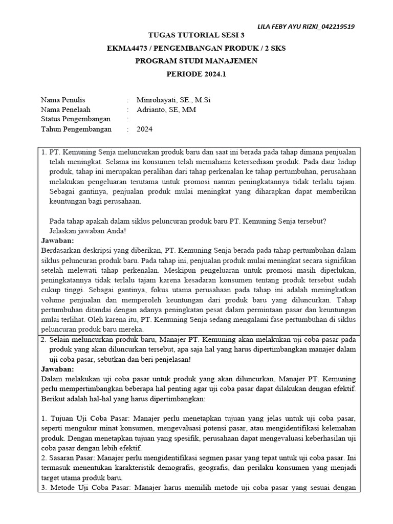 Tugas 3 EKMA4473 - PENGEMBANGAN PRODUK | PDF | Bisnis