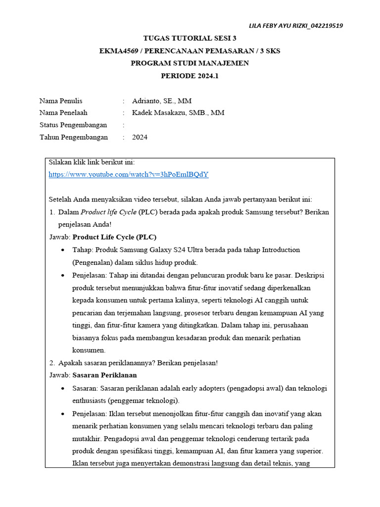 Tugas 3 EKMA4569 - PERENCANAAN PEMASARAN | PDF