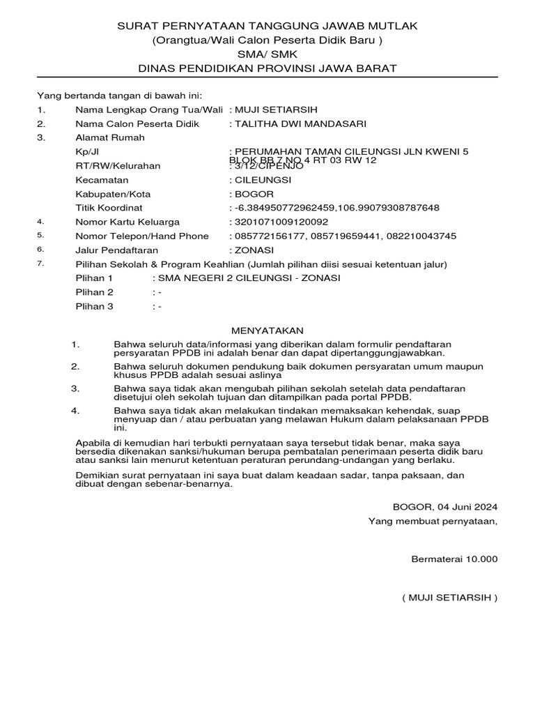 Surat Pernyataan Tanggung Jawab Mutlak - Talitha Dwi Mandasari | PDF ...