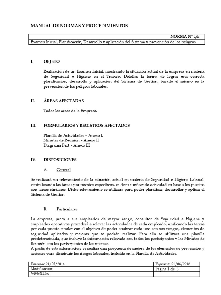 Norma 1_E Examen Inicial, Planificacion, Desarrollo y aplicacion del sistema y prevencion de los ...