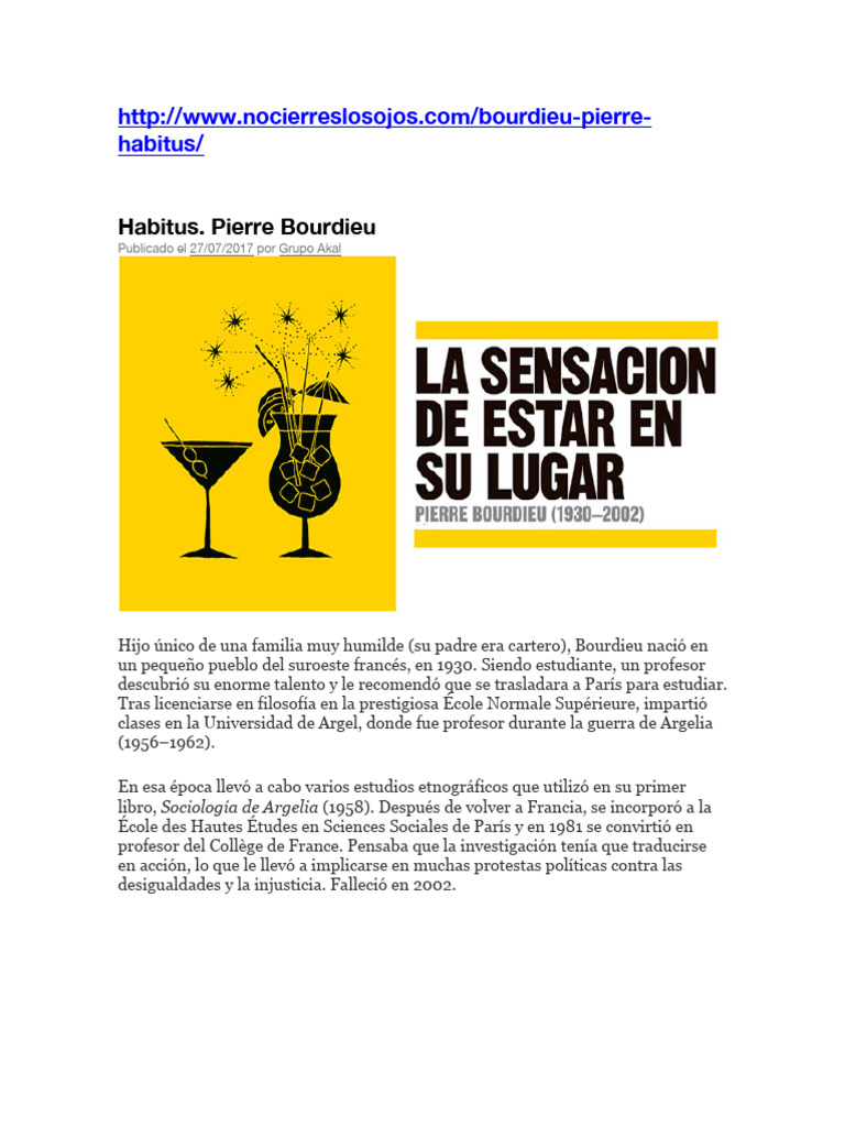 La Sensación de Estar en Su Lugar. Pierre Bourdieu | Descargar gratis ... La Sensación de Estar en Su Lugar. Pierre Bourdieu | Descargar gratis ...