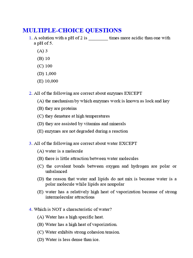Biochemistry Chapter MCQs | PDF | Water | Enzyme