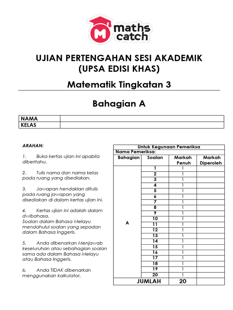 Soalan #UPSA Maths Tingkatan 3 - Bahagian A | PDF