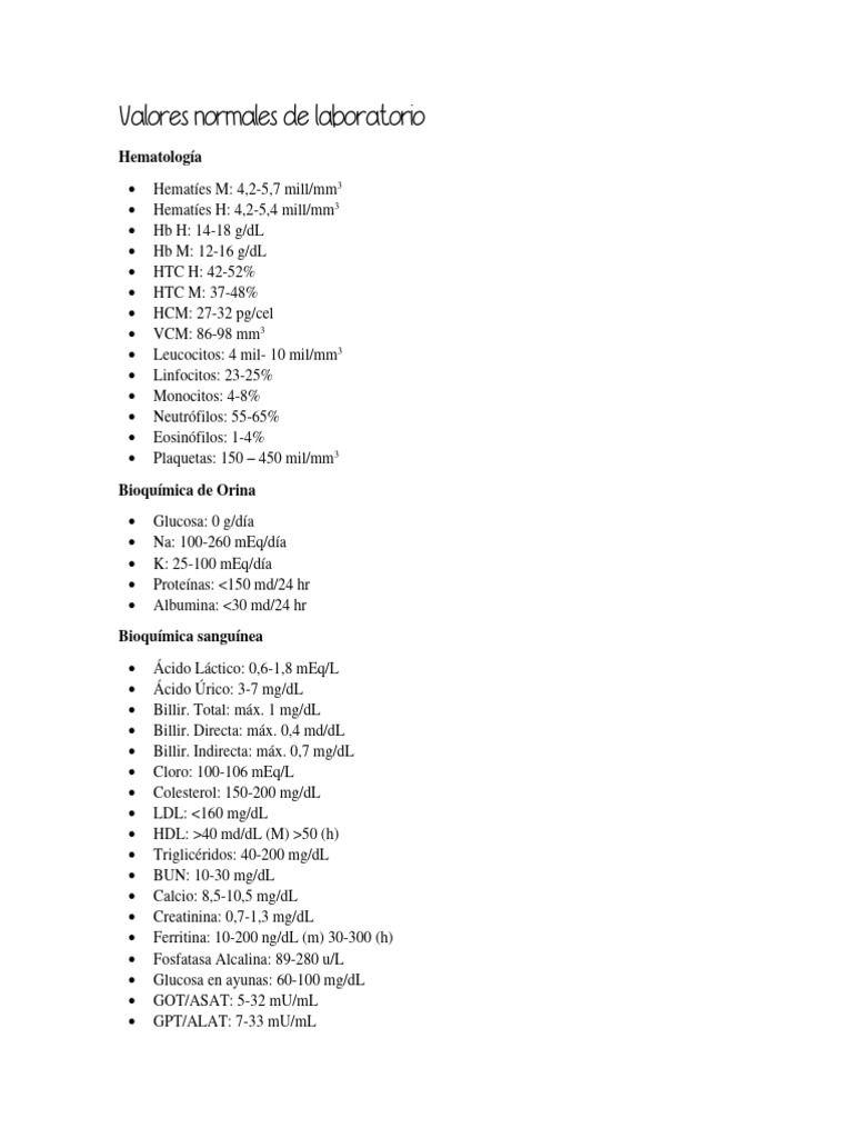 Valores normales de laboratorio | Descargar gratis PDF | Medicina ...