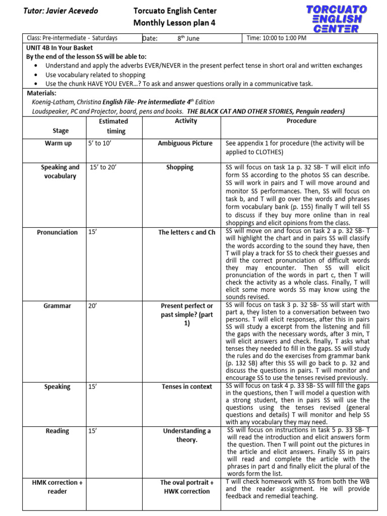 Torcuato English Center Acevedo Javier Monthly Plan 4 - Pre Int - Sat | Download Free PDF ...