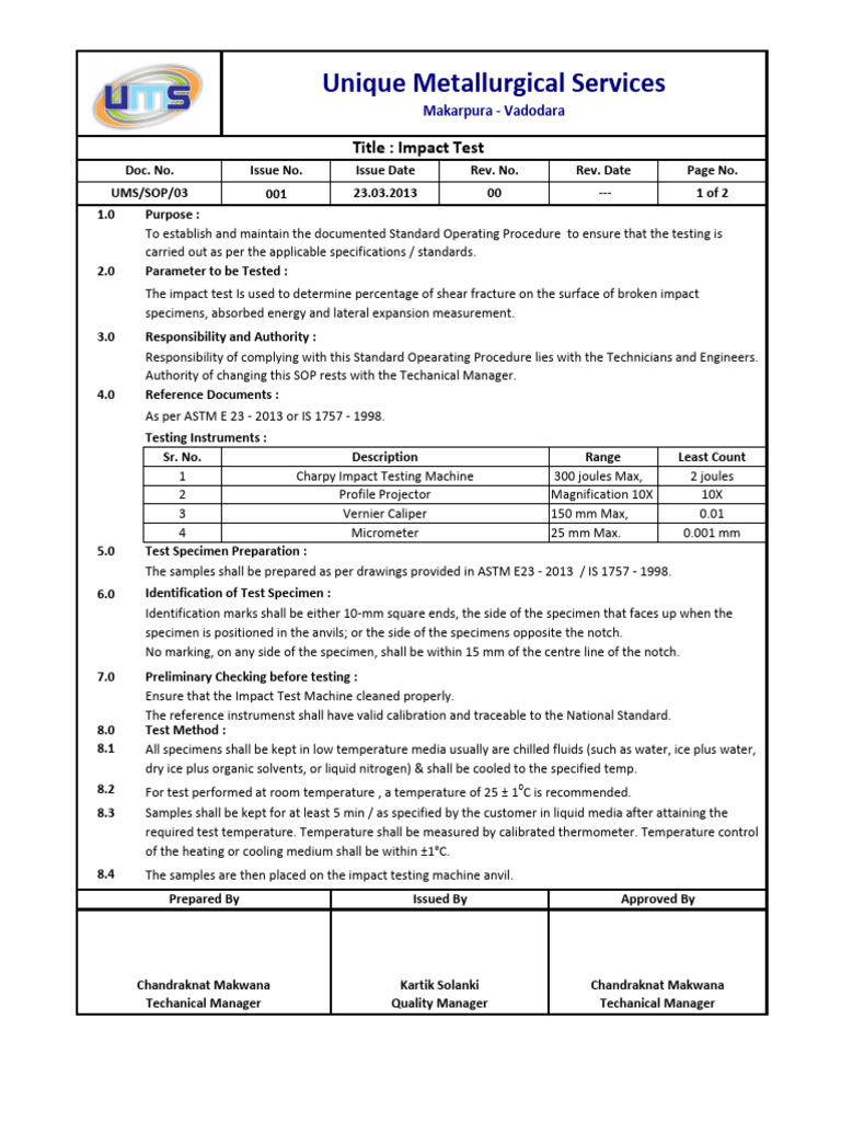 SOP-03 Impact Test | PDF | Calibration | Temperature