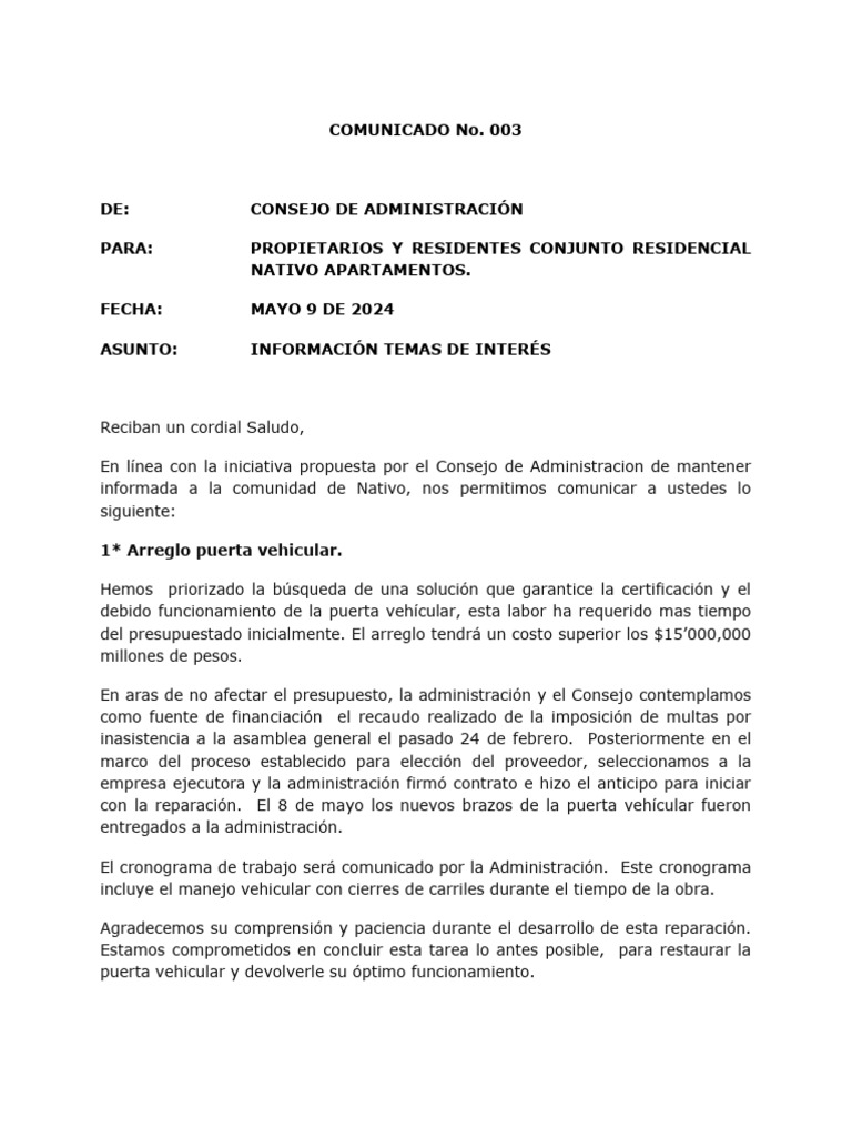COMUNICADO No. 003-CONSEJO DE ADMINISTRACIÓN | PDF | Condominio