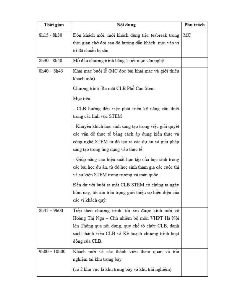 KỊCH BẢN RA MẮT CLB STEM | PDF