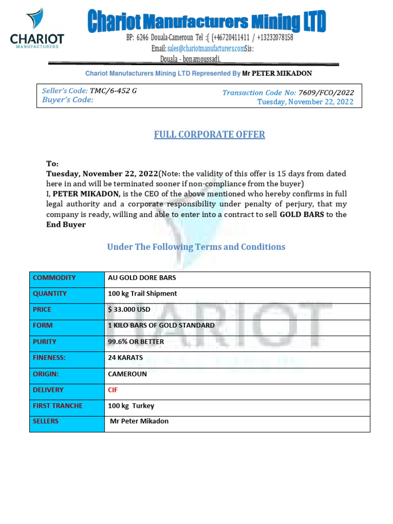 Fco - Gold Dore Bar Chariot11 | PDF | Cargo | Procurement