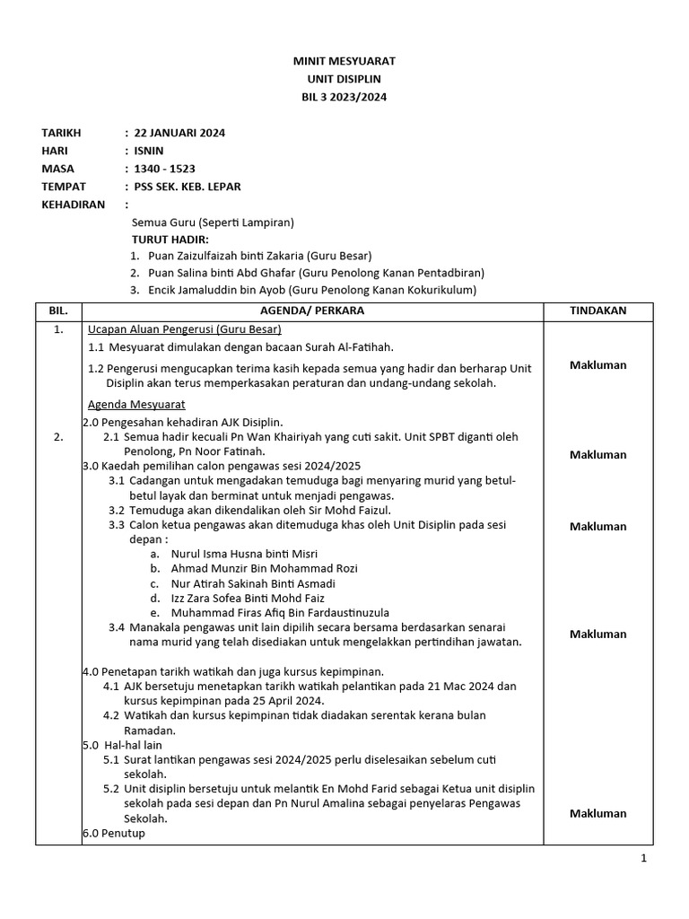 Minit Mesyuarat Disiplin Bil 3 2023 2024 | PDF