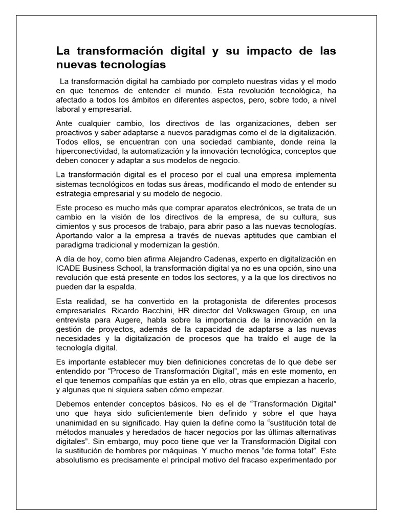 La Transformación Digital y Su Impacto de Las Nuevas Tecnologías | PDF ...