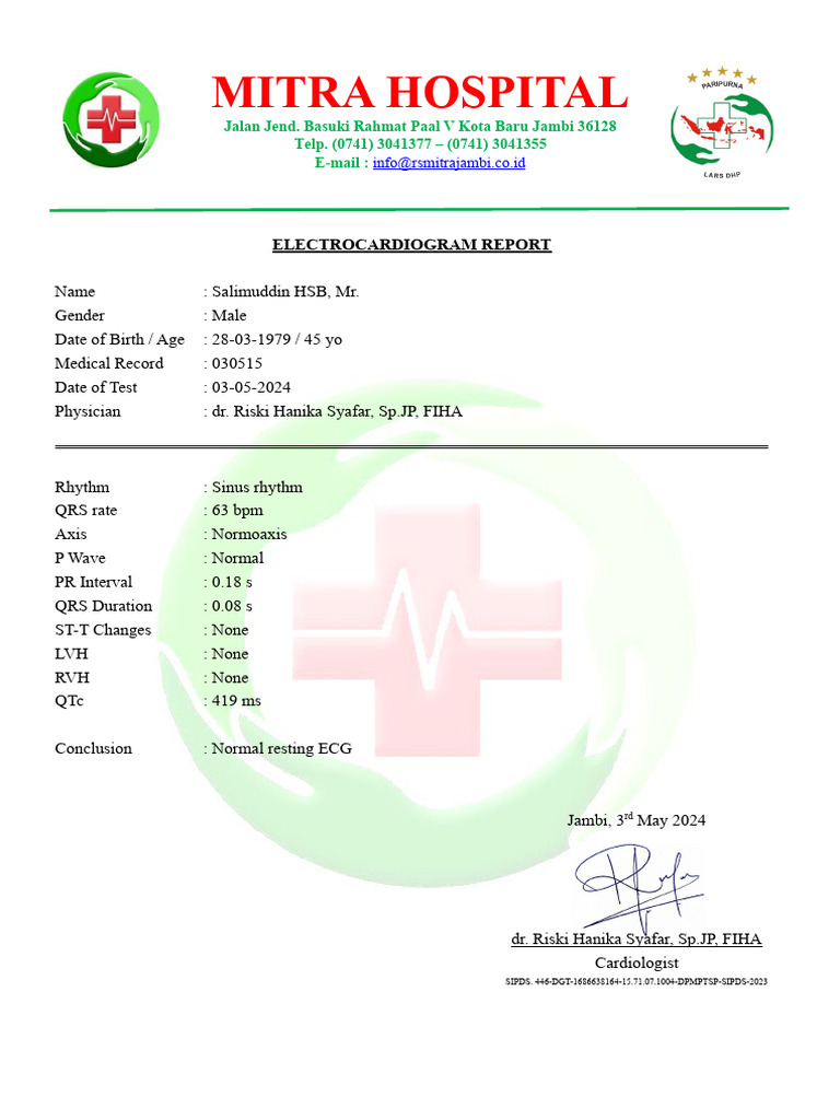 Mitra Hospital Electrocardiogram Report PDF