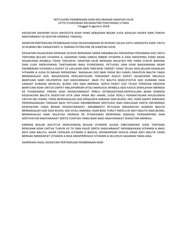 Notulensi Pembinaan KGM Kelurahan Siantan Hilir | PDF