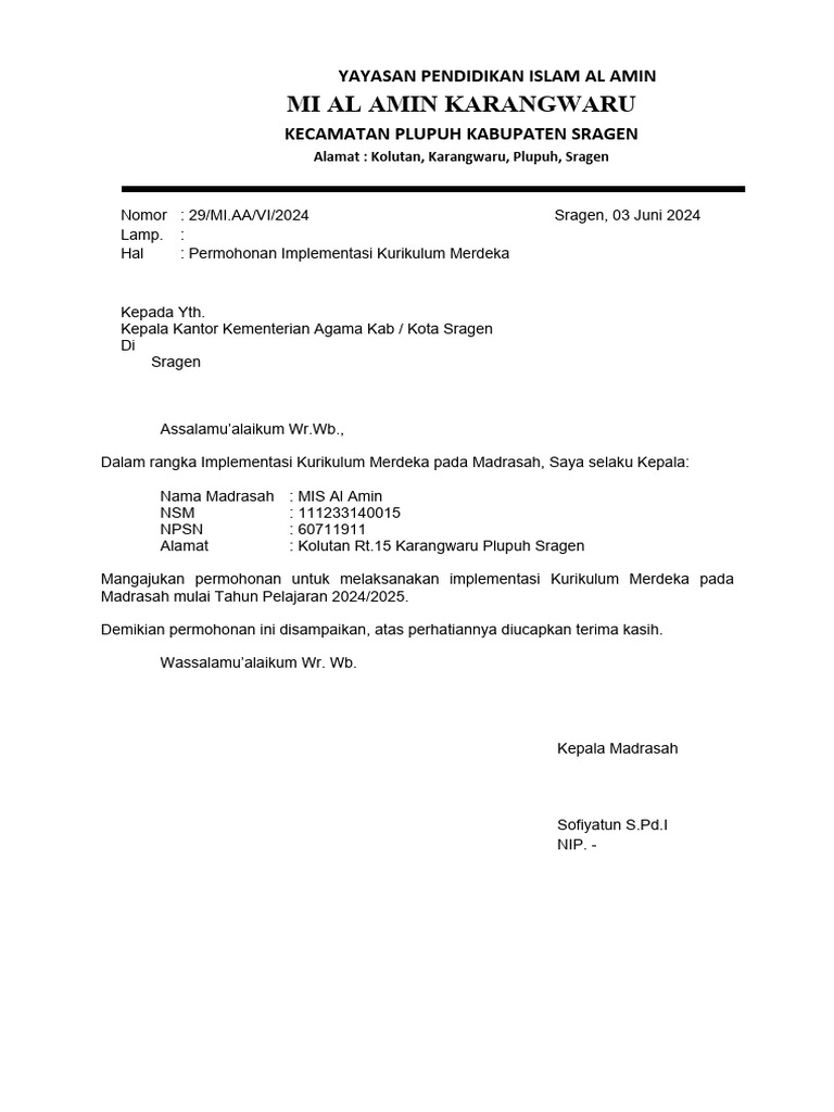 Form-Madrasah Permohonan IKM 2024-2025 | PDF