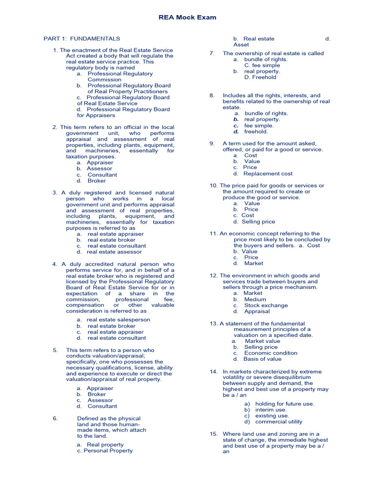 Appraisal Fundamentals Mock Exam | PDF | Real Estate Appraisal ...