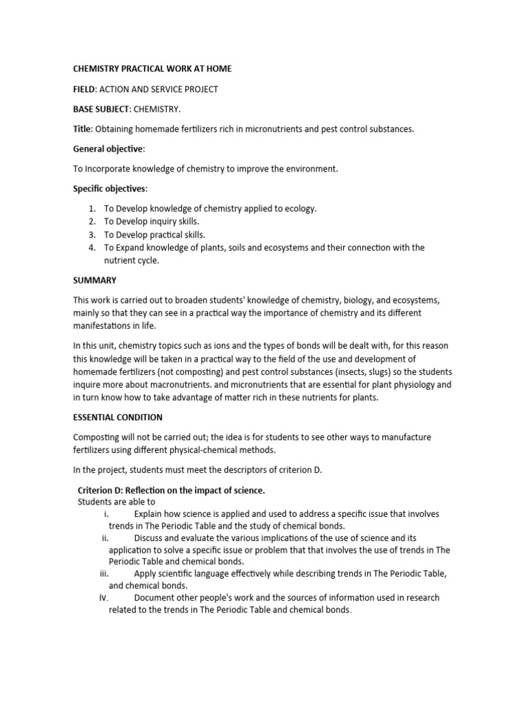Chemistry Practical Work at Home | PDF | Nutrients | Fertilizer
