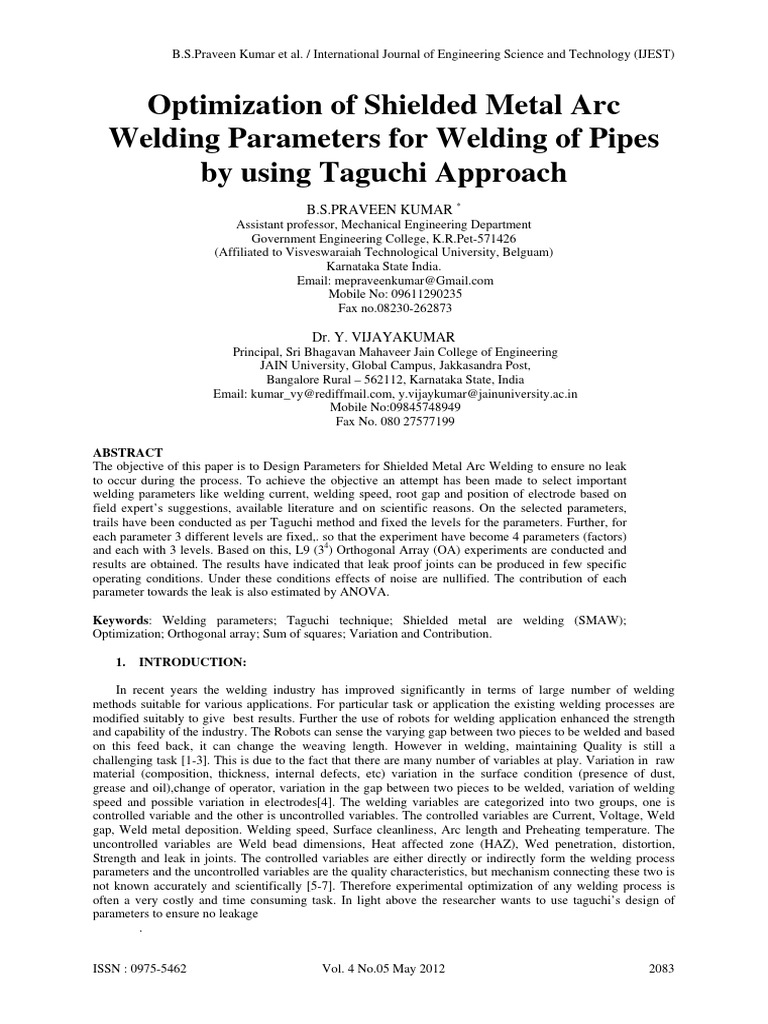 Optimization of Shielded Metal Arc Welding Paramet | PDF | Welding | Construction