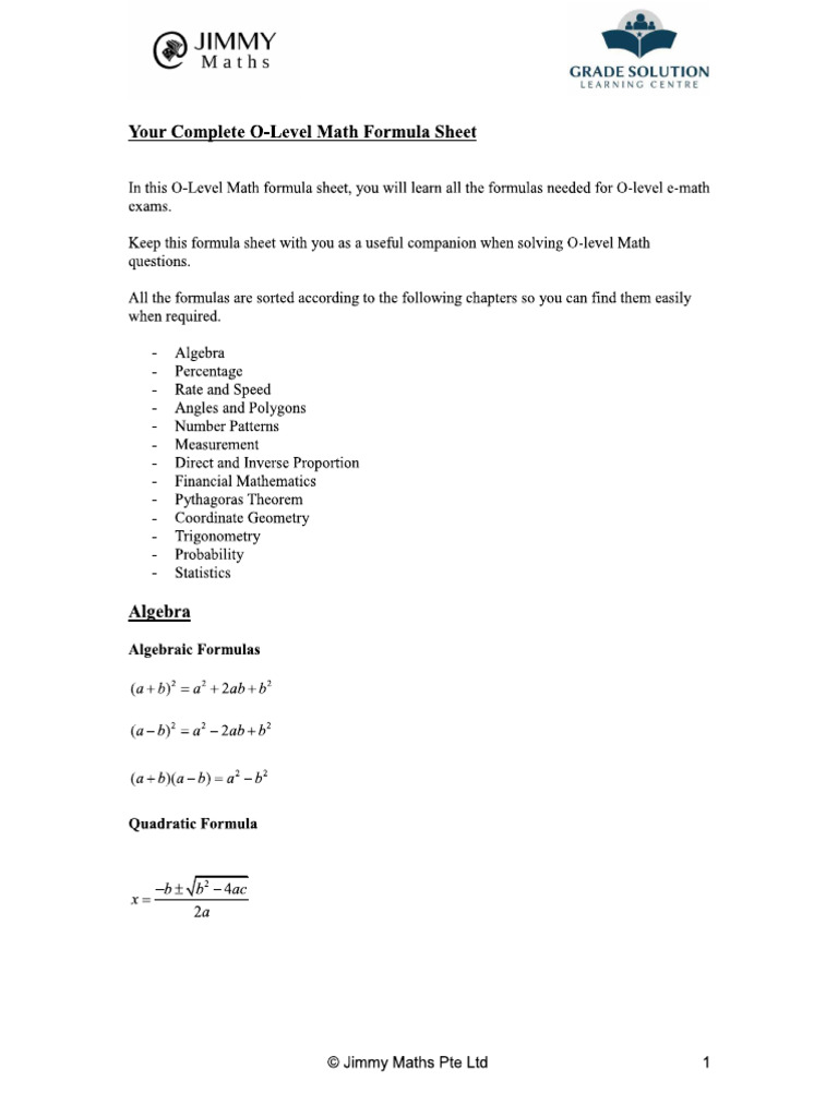 O-Level Math Formulas | PDF