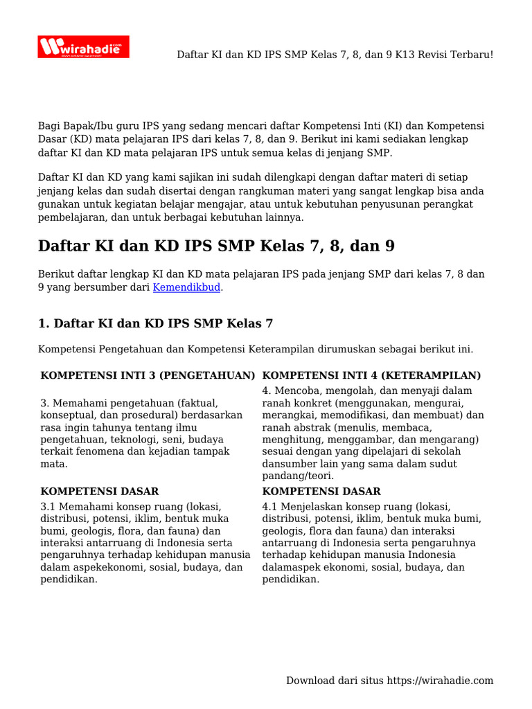 Daftar KI Dan KD IPS SMP Kelas 7, 8, Dan 9 K13 Revisi Terbaru! | PDF