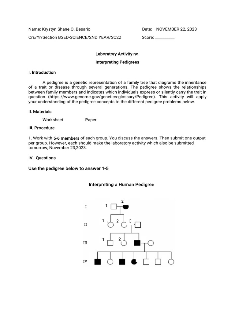 Interpreting Human Pedigrees Activity | PDF | Genotype | Dominance ...