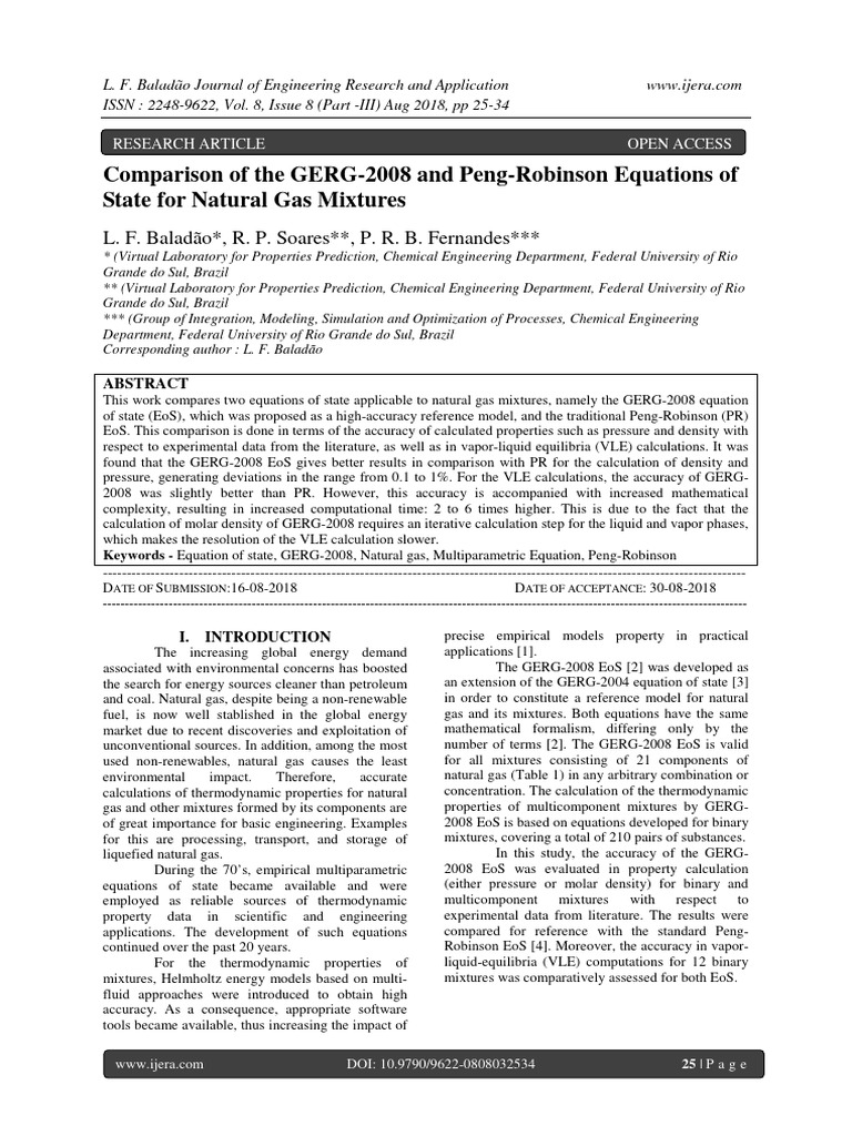 Comparison of The GERG-2008 and Peng-Robinson Equations of State For ...