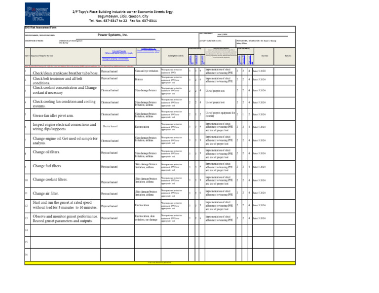 CHANGE OIL AND FILTERS Risk Assessment - | PDF | Personal Protective ...
