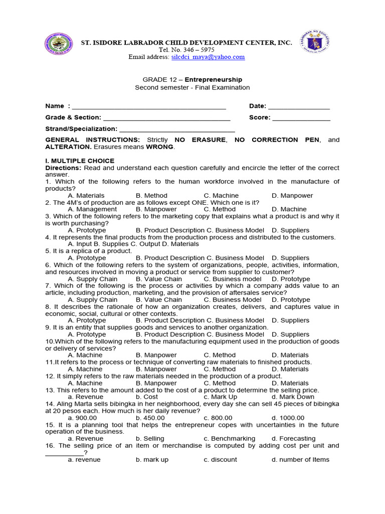 ENTREP SUMMATIVE TEST | PDF | Receipt | Supply Chain