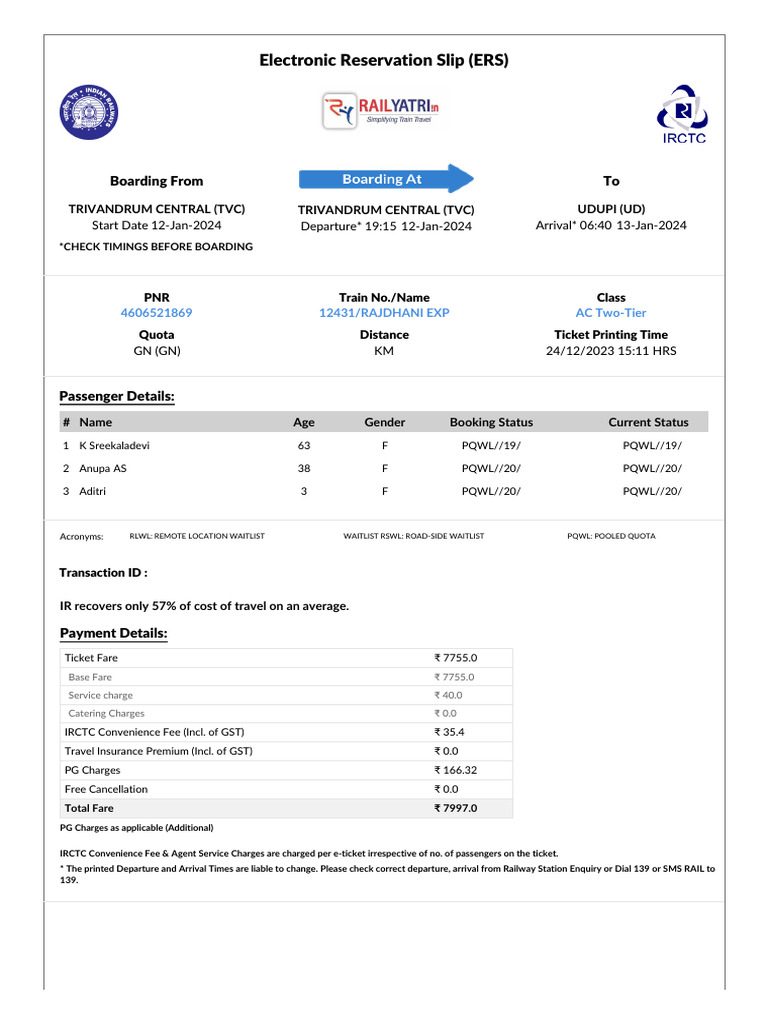 IRCTC Train Ticket Confirmation Details | PDF | Identity Document