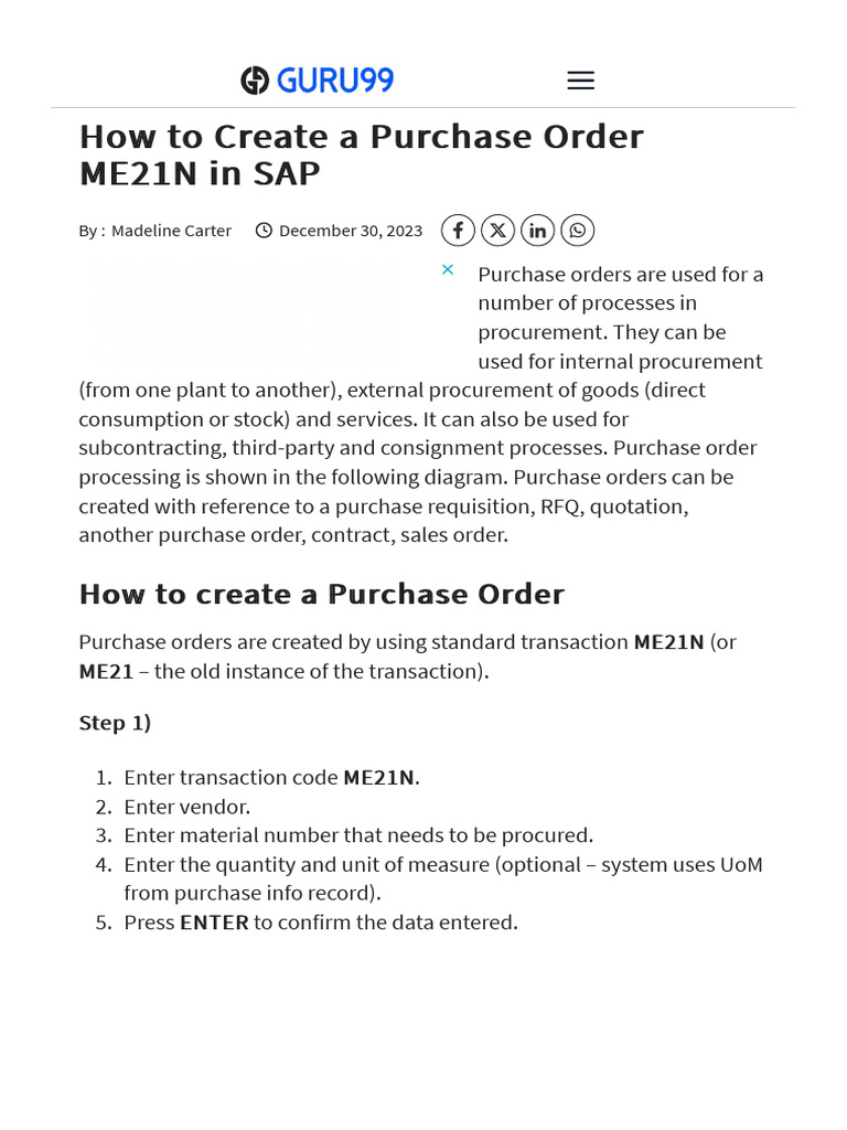 How to Create a Purchase Order ME21N in SAP 2 | PDF | Invoice | Business