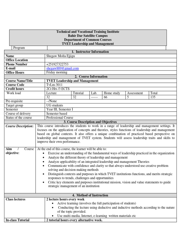 TVET Leadership and Management Course | PDF | Leadership | Lecture