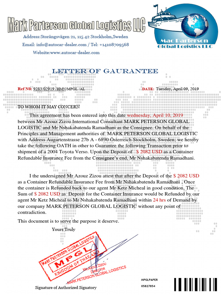 Letter of Guarantee for Container Refund | PDF
