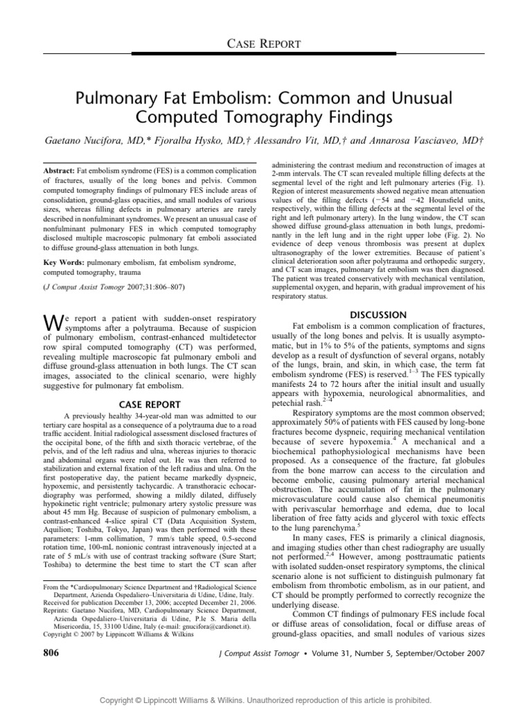 Pulmonary Fat Embolism - Common and Unusual CT Findings | PDF | Ct Scan ...