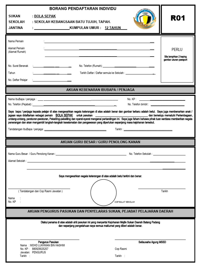 Borang R01, R02 - MSSD B.sepak - 2024 | PDF