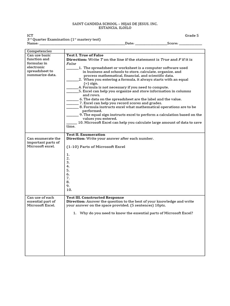 Grade 5 TOS | PDF | Microsoft Excel | Spreadsheet