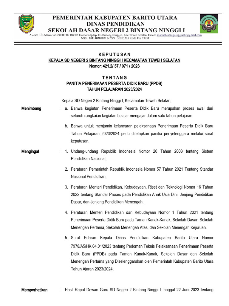 SK Panitia PPDB SD 2023-2024 | PDF