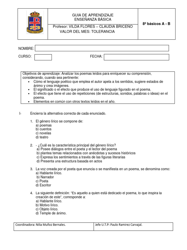 Entrega 7 Guia Repaso Género Lírico 8º Básicos Pdf Poesía