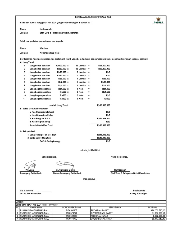 Format Berita Acara Pemeriksaan Kas Dan Catatan Kas Bank - RSB PALU | PDF