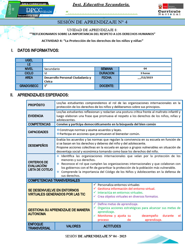 1º DPCC - Ses 4 Uni 8 - Sem 04 | PDF | Aprendizaje | Derechos de los niños