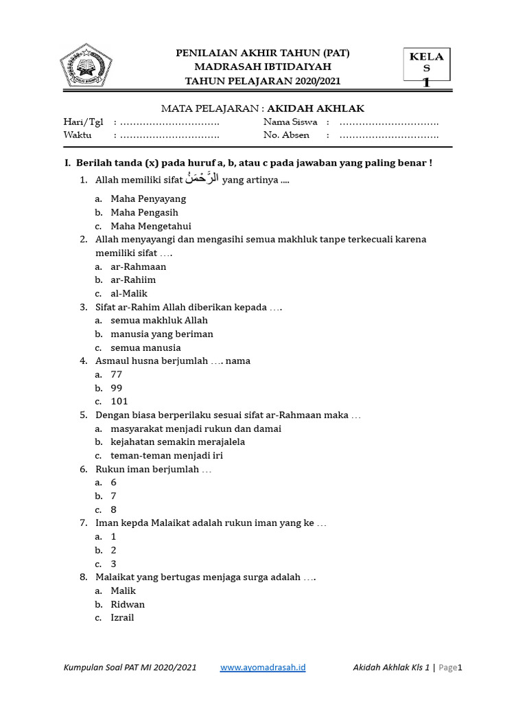 PAT Akidah Akhlak Kls 1 MI Soal Dan Kunci Jawaban | PDF