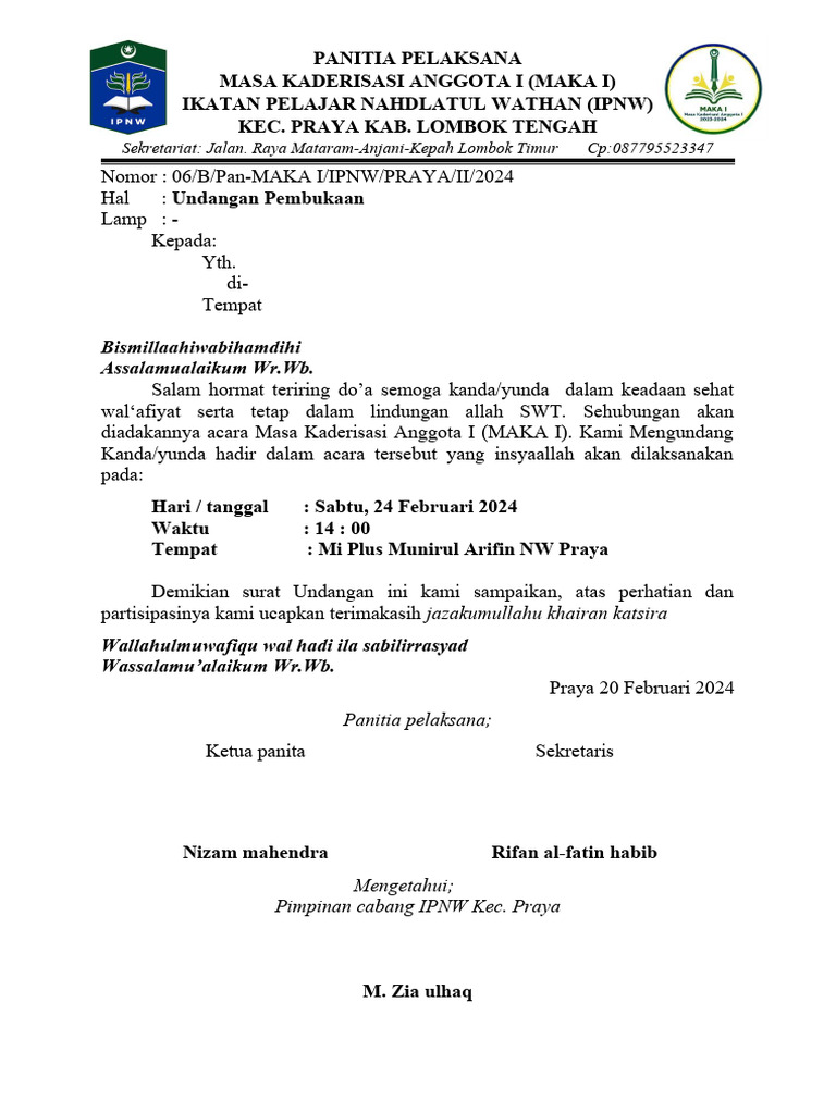 Undangan Kaderisasi IPNW Praya 2024 | PDF