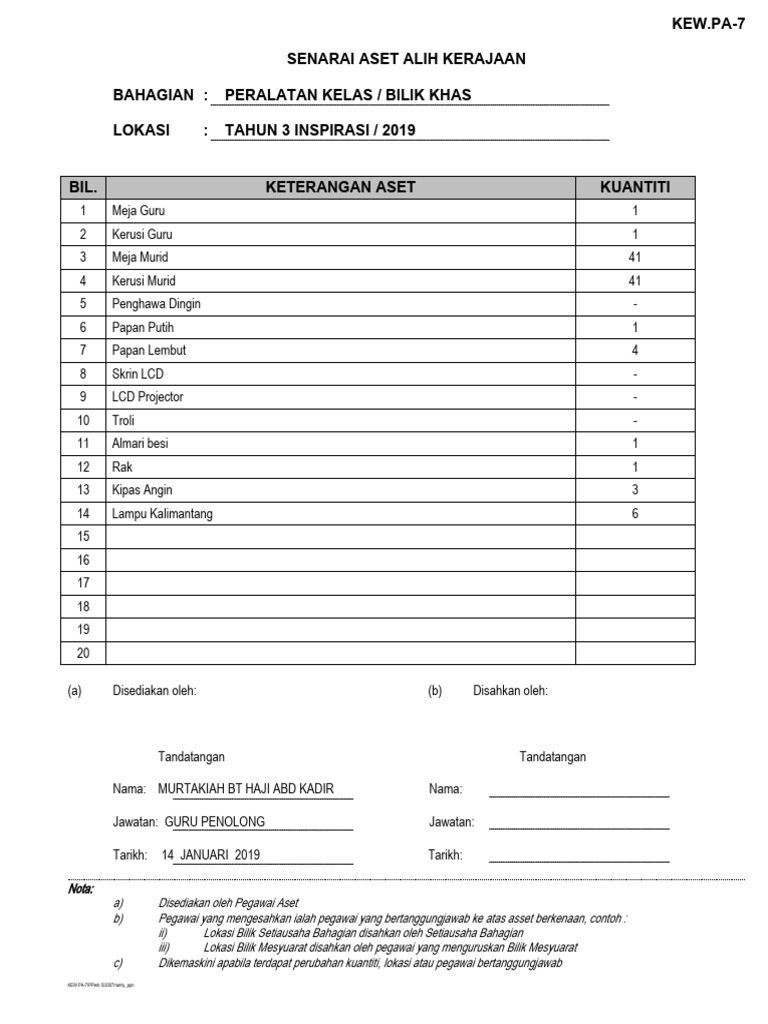 KEW - PA-7 - Senarai Aset 2019 | PDF