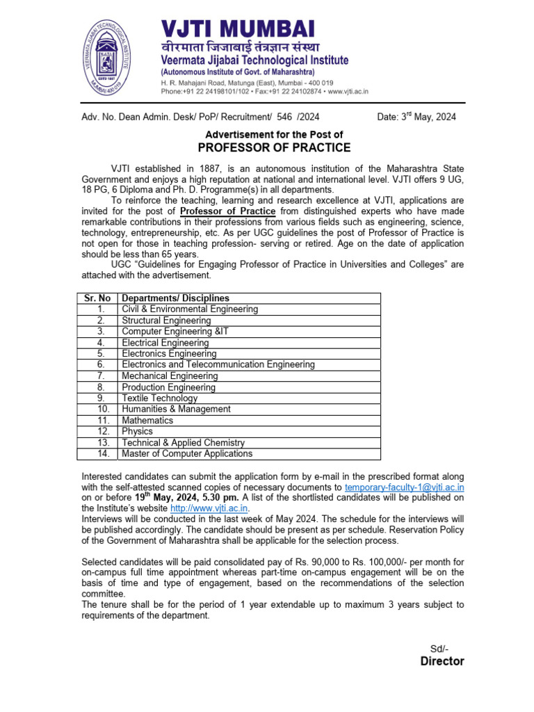 Advertisement For The Post of Professor of Practice | PDF | Engineering ...