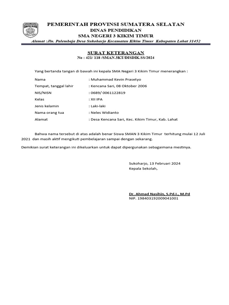 Surat Keterangan Siswa Aktif | PDF