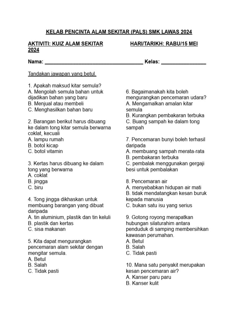 Kuiz Kelab Pencinta Alam Sekitar (Pals) SMK Lawas 2024 | PDF