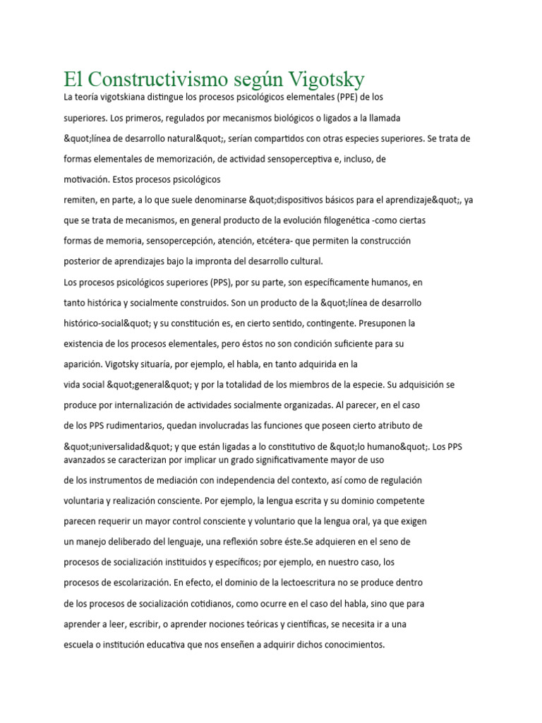 El Constructivismo Según Vigotsky | PDF | Sicología | Aprendizaje